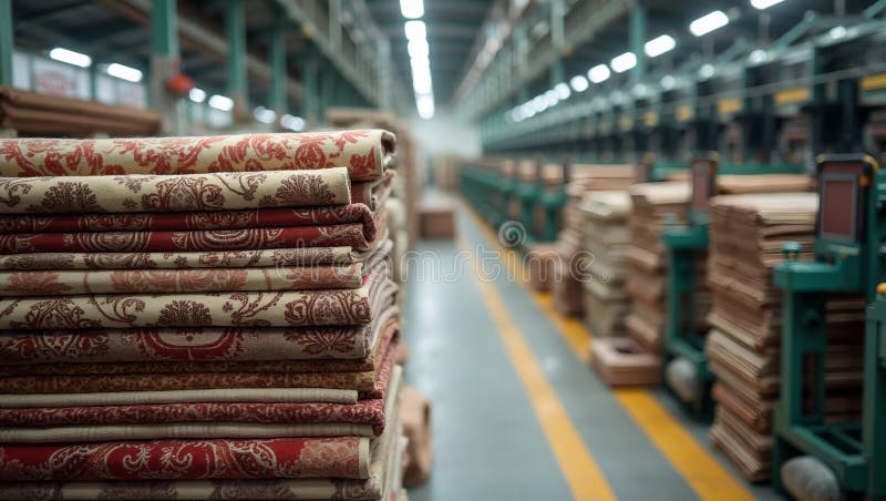 Textile Factory with Stacks of Carpets and Weaving Machines Stock ...