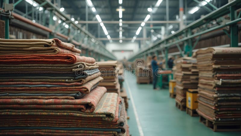 Textile Factory with Stacks of Carpets and Weaving Machines Stock ...