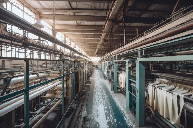 Textile Factory, with Towering Machines and Conveyor Belts Creating a ...