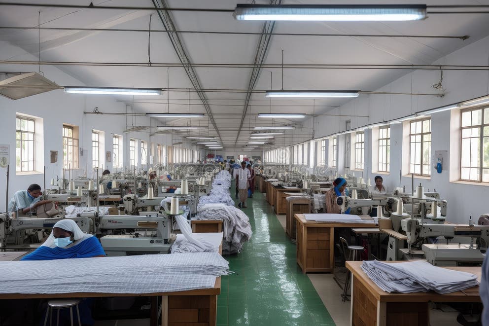 Textile Factory, with Workers Busily Sewing, and Packaging Textiles ...