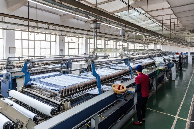 Textile Factory with Workers Operating Machinery, Producing High ...