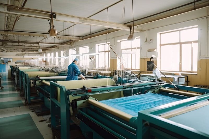 Textile Factory with Workers Operating Machinery, Producing High ...