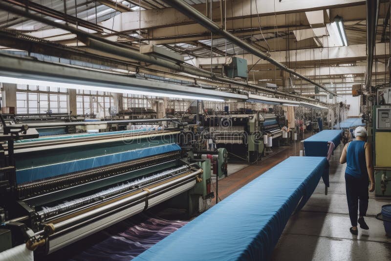 Textile Factory, with Workers Operating Machines and Producing Fabrics ...