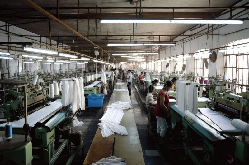 Textile Factory, with Workers Operating Machines and Producing Fabrics ...