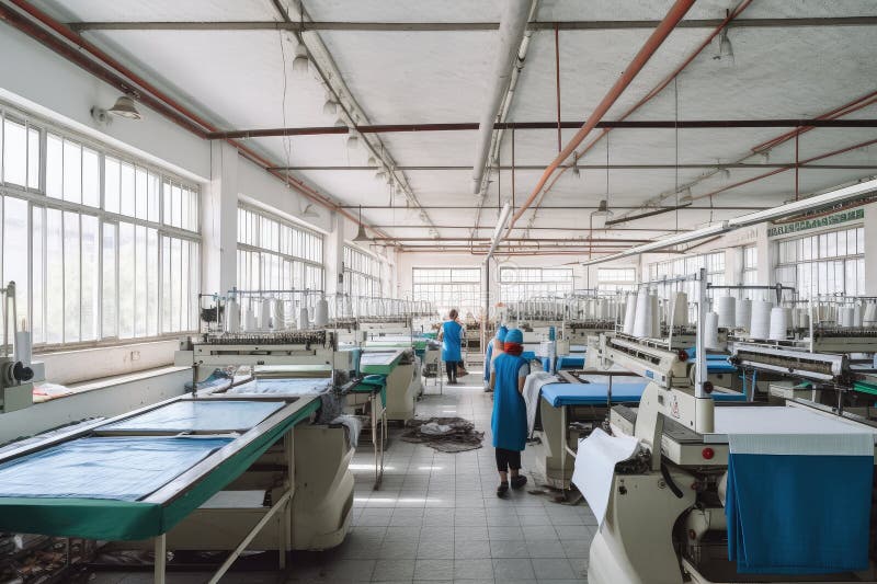Textile Factory, with Workers Operating Machines and Producing Finished ...