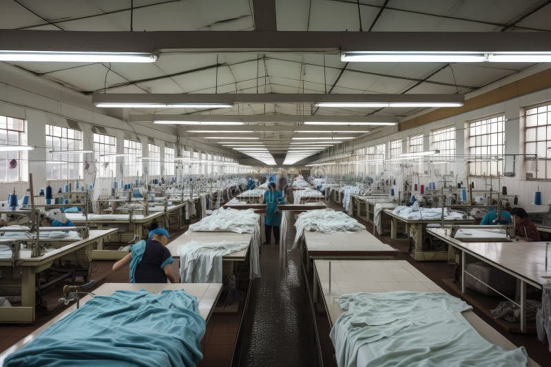 Textile Factory, with Workers and Sewing Fabric into New Garments Stock ...