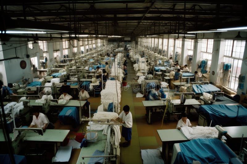 Textile Factory, with Workers Sitting at Their Machines, Producing ...