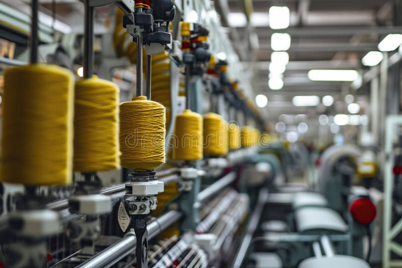 A Textile Factory with Yellow Thread Spools on Machines, Showcasing ...