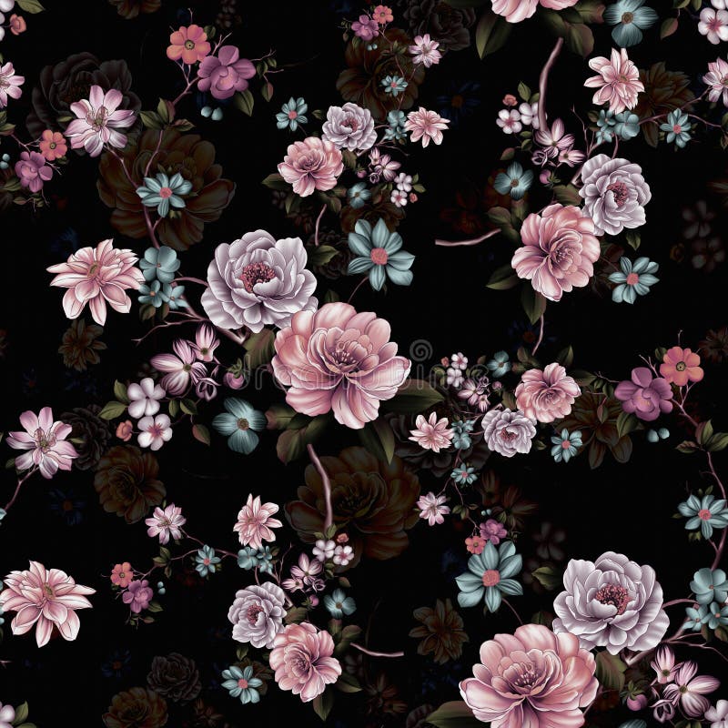 Textile Flower with Black Ground Seamless Digital Print Design Stock ...