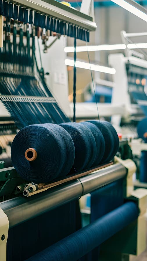 Textile Machine with Dark Thread Spools in Well Lit Production Facility ...