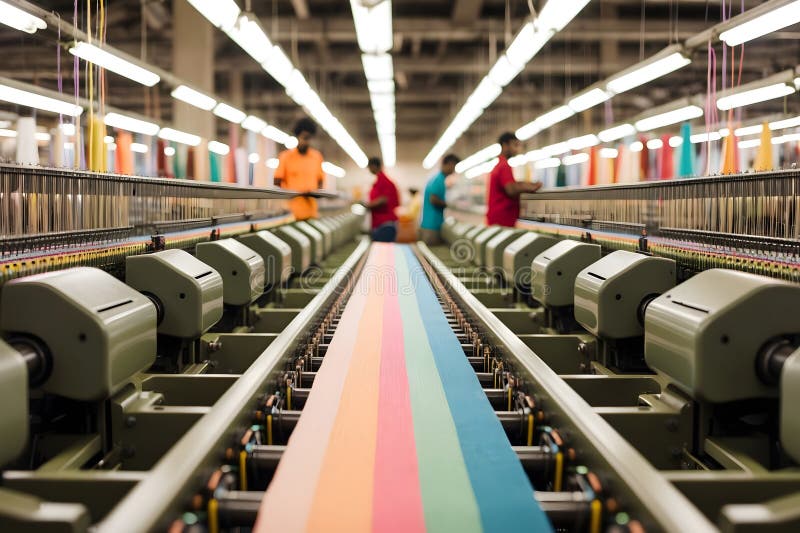 Textile Manufacturing Production Line with Colorful Fabrics Stock ...