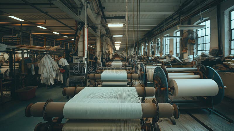 Textile Mill with Looms Weaving Fabric and Workers Sewing Garments ...