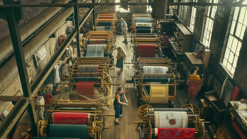 Textile Mill with Looms Weaving Fabric and Workers Sewing Garments ...