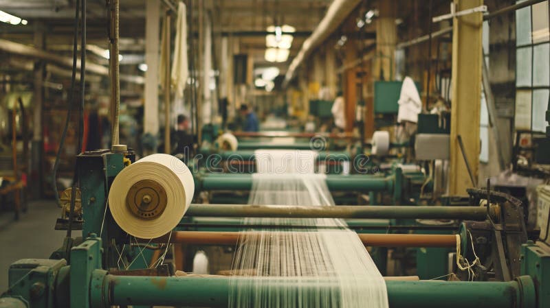 Textile Mill with Looms Weaving Fabric and Workers Sewing Garments ...