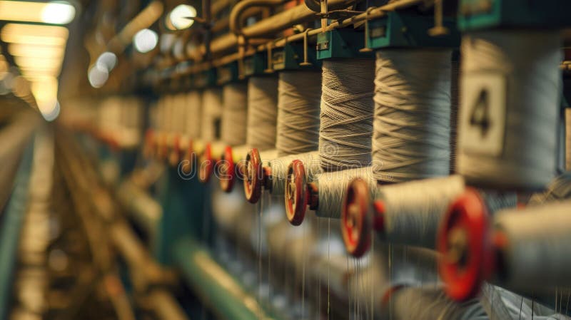 A Textile Mill with Rows of Spinning Machines Producing Rolls of Fabric ...