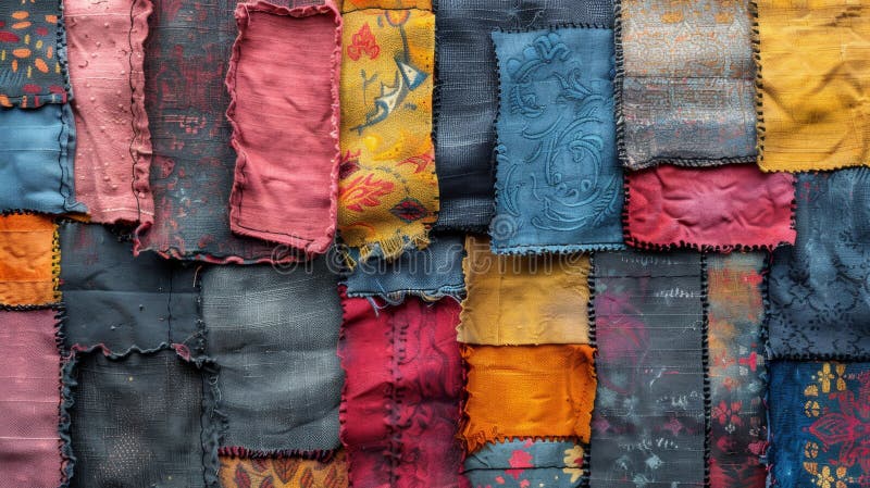 Textile Patchwork Art, Various Fabric Scraps in Different Patterns and ...