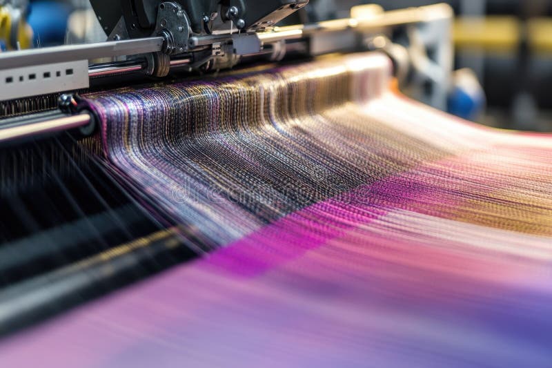 Textile Production Process Showing Colorful Threads Being Woven on a ...