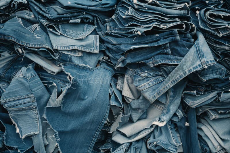 At a Textile Recycling Facility, a Large Pile of Discarded Denim Jeans ...
