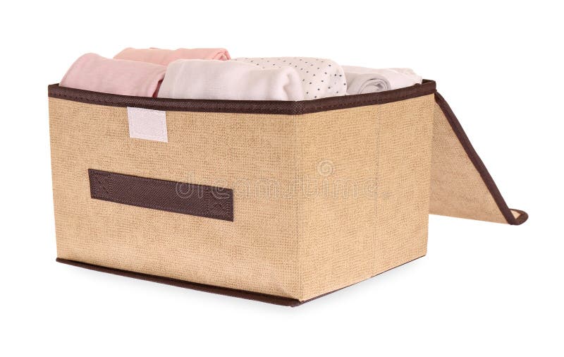 Textile Storage Case with Folded Clothes Isolated on White Stock Photo ...