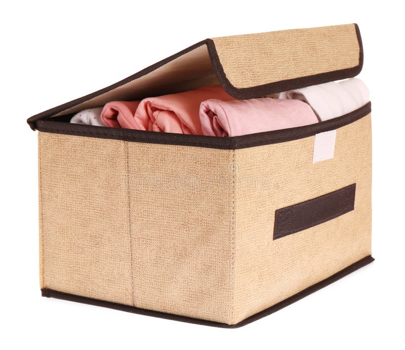 Textile Storage Case with Folded Clothes Isolated on White Stock Image ...