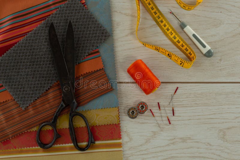 Textile, Thread Rolls and Various Equipments on a Table Stock Image ...