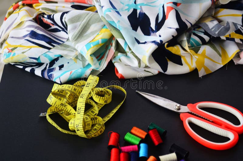 Textile, Thread, Tape Measure and Scissors. Stock Image - Image of ...