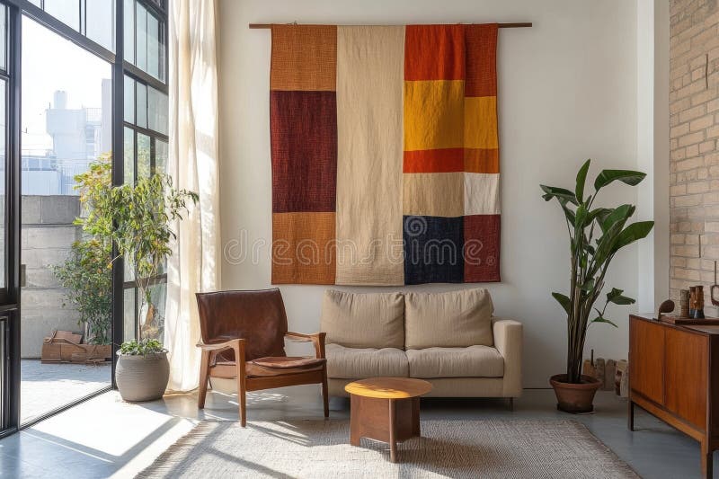 Textile Wall Decor, Modern Minimalist Interior Featuring Patchwork Wall ...
