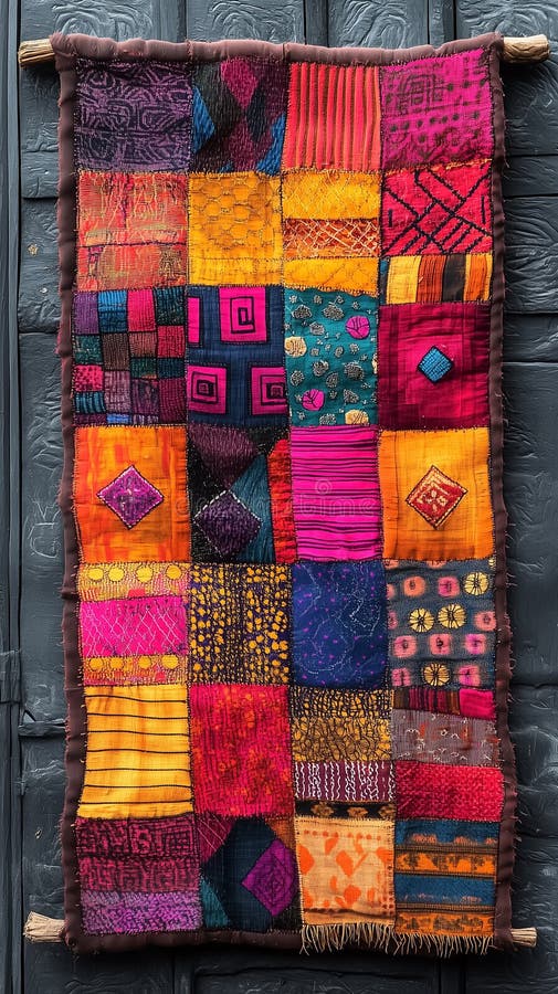 Textile Wall Hanging Displays Vibrant Patchwork Design with Various ...