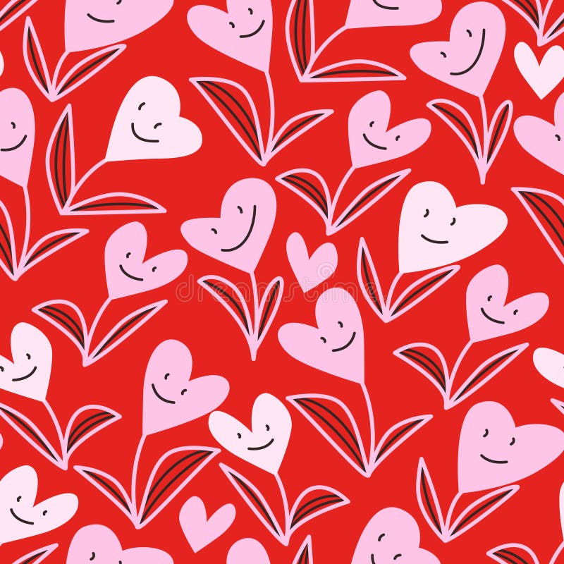 Vector Seamless Pattern with Smiling Hearts Flowers Stock Vector ...