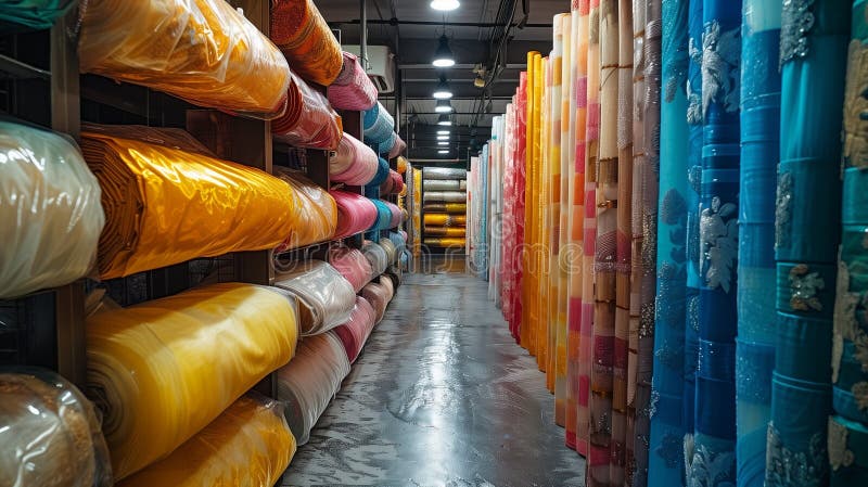 Textile Warehouse Aisle stock image. Image of bolts - 315787797