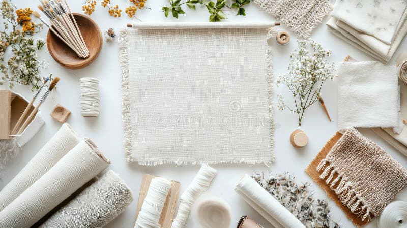 Textiles and Crafts Flat Lay with Natural Elements and Materials Stock ...