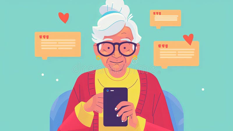 Texting by an Elderly Woman Using a Messaging App. an Illustration ...