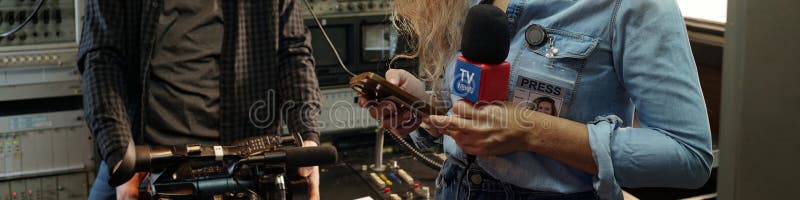 Texting in Smartphone Against Colleague Stock Image - Image of reporter ...