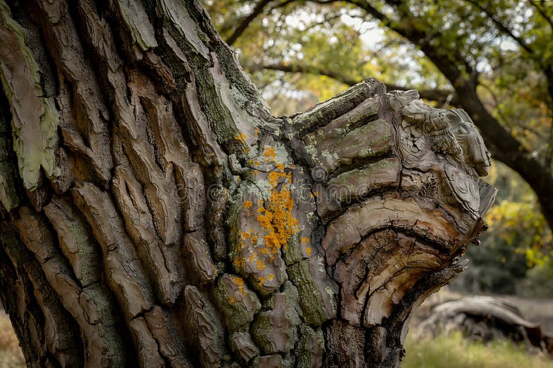 Textural Intricacies: Detailed Bark Patterns and Vibrant Lichen on an ...