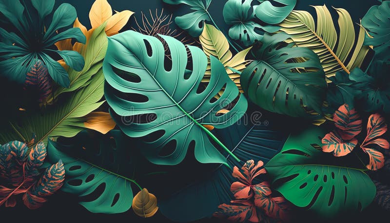 Texture Background with Different Exotic Leaves, Generative Al. Stock ...