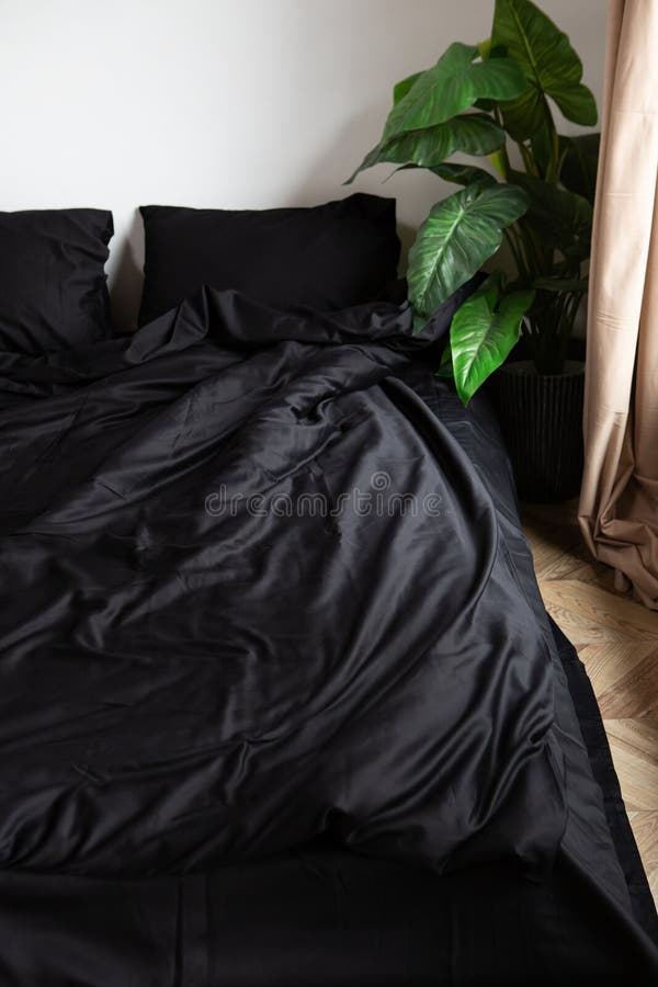 Texture of Black Crumpled Bed Linen on the Bed Stock Photo - Image of ...
