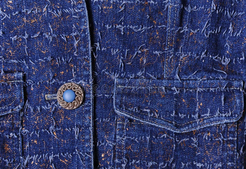 Texture of Blue Denim with Gold Threads. Beautiful Blue Button, Pockets ...