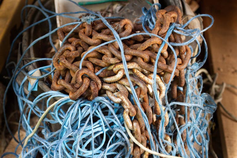 Chains and Blue String Tangled Stock Image - Image of protection ...