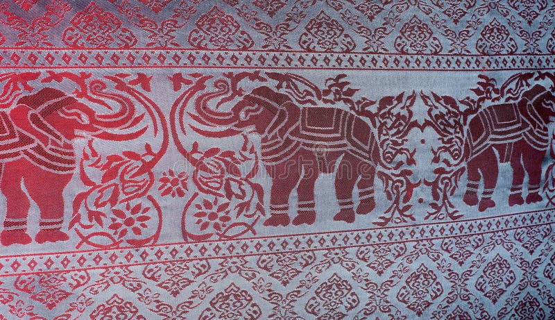 The Texture of Cotton Fabric, with Red Painted Elephants, Made I Stock ...