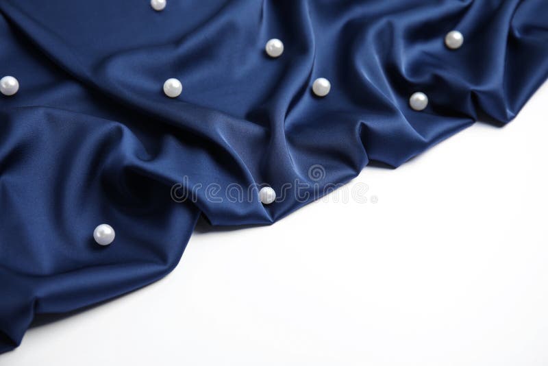 Texture of Delicate Dark Blue Silk with Pearls on White Background ...