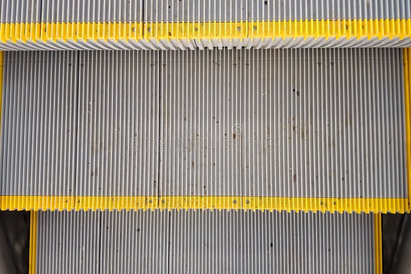 Texture, Dirty Old Escalator Steps with Yellow Stripes. Top View Stock ...