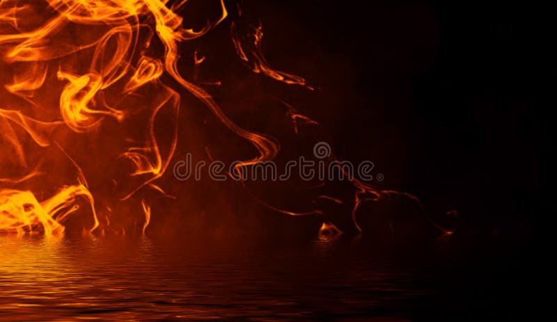 Texture of Fire with Reflection in Water. Flames on Isolated Black ...