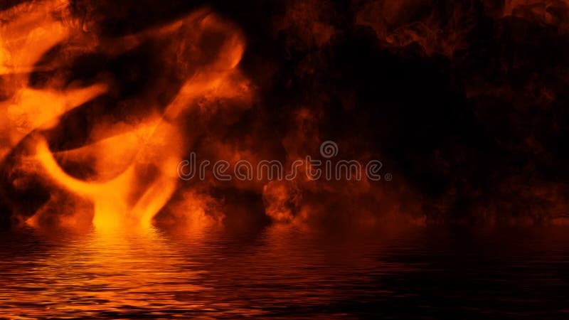 Texture of Fire with Reflection in Water. Flames on Isolated Black ...