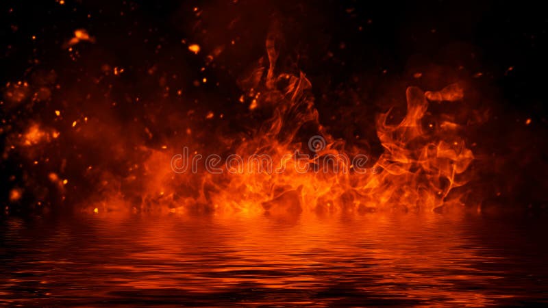 Texture of Fire with Reflection in Water. Flames on Isolated Black ...