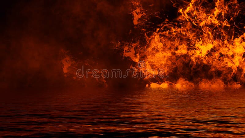 Texture of Fire with Reflection in Water. Flames on Isolated Black ...