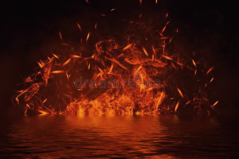 Texture of Fire with Reflection in Water. Flames on Isolated Black ...