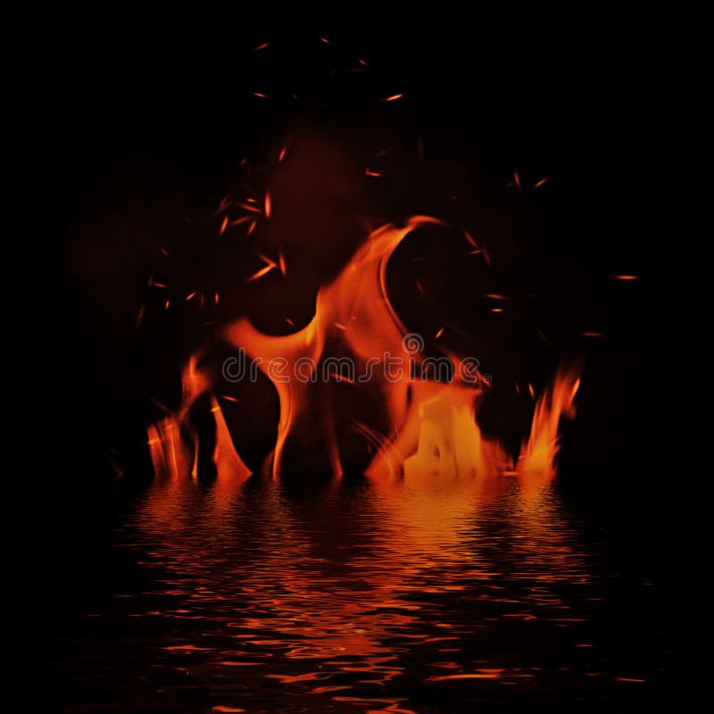 Texture of Fire with Reflection in Water. Flames with Fire Particles ...