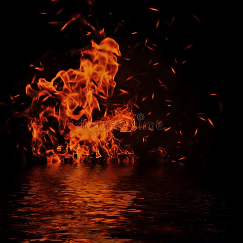 Texture of Fire with Reflection in Water. Flames with Fire Particles ...