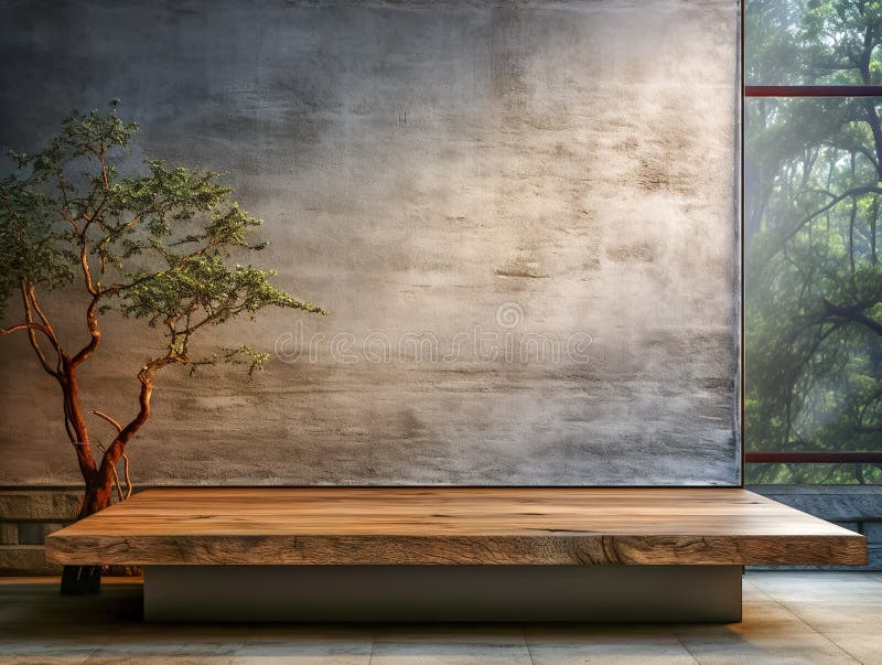 Texture Gray Concrete Wall and Wooden Bench. Stock Image - Image of ...