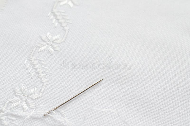 Texture Of Linen Fabric With White Silk Embroidery Stock Photo - Image ...